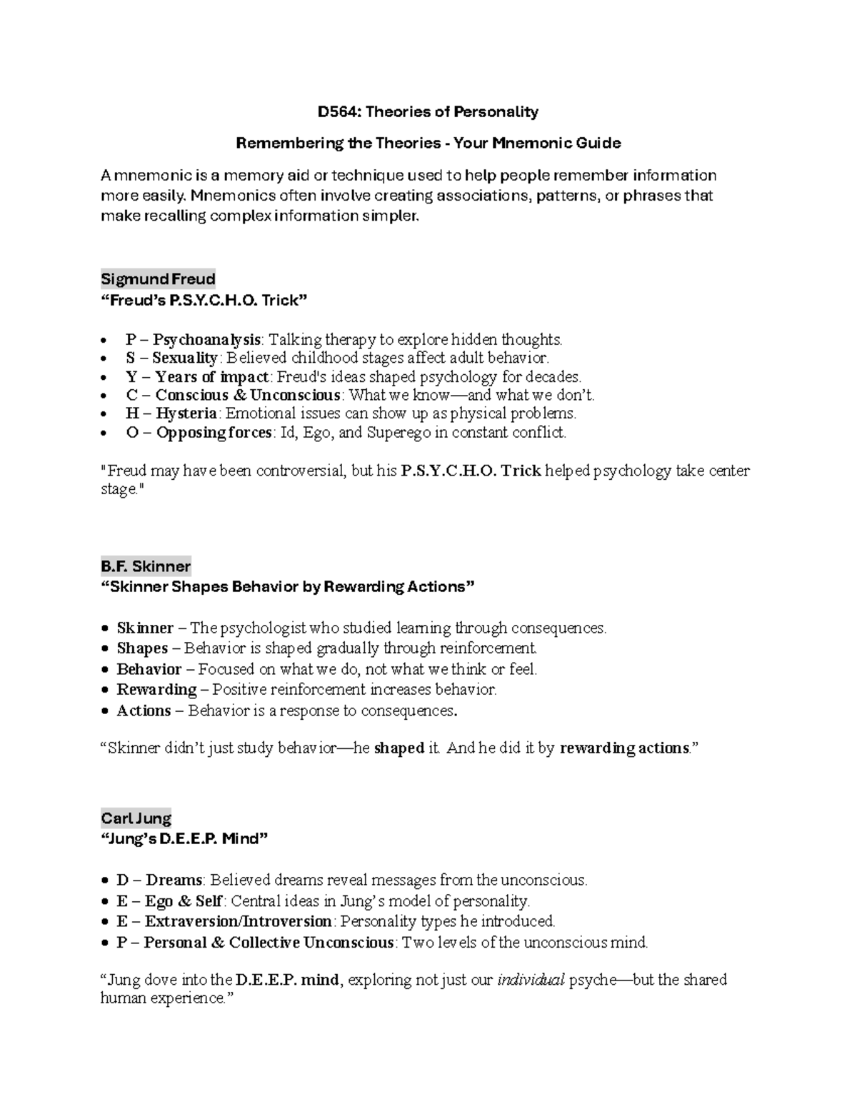 D564: Mnemonic Guide to Theories of Personality - Studocu