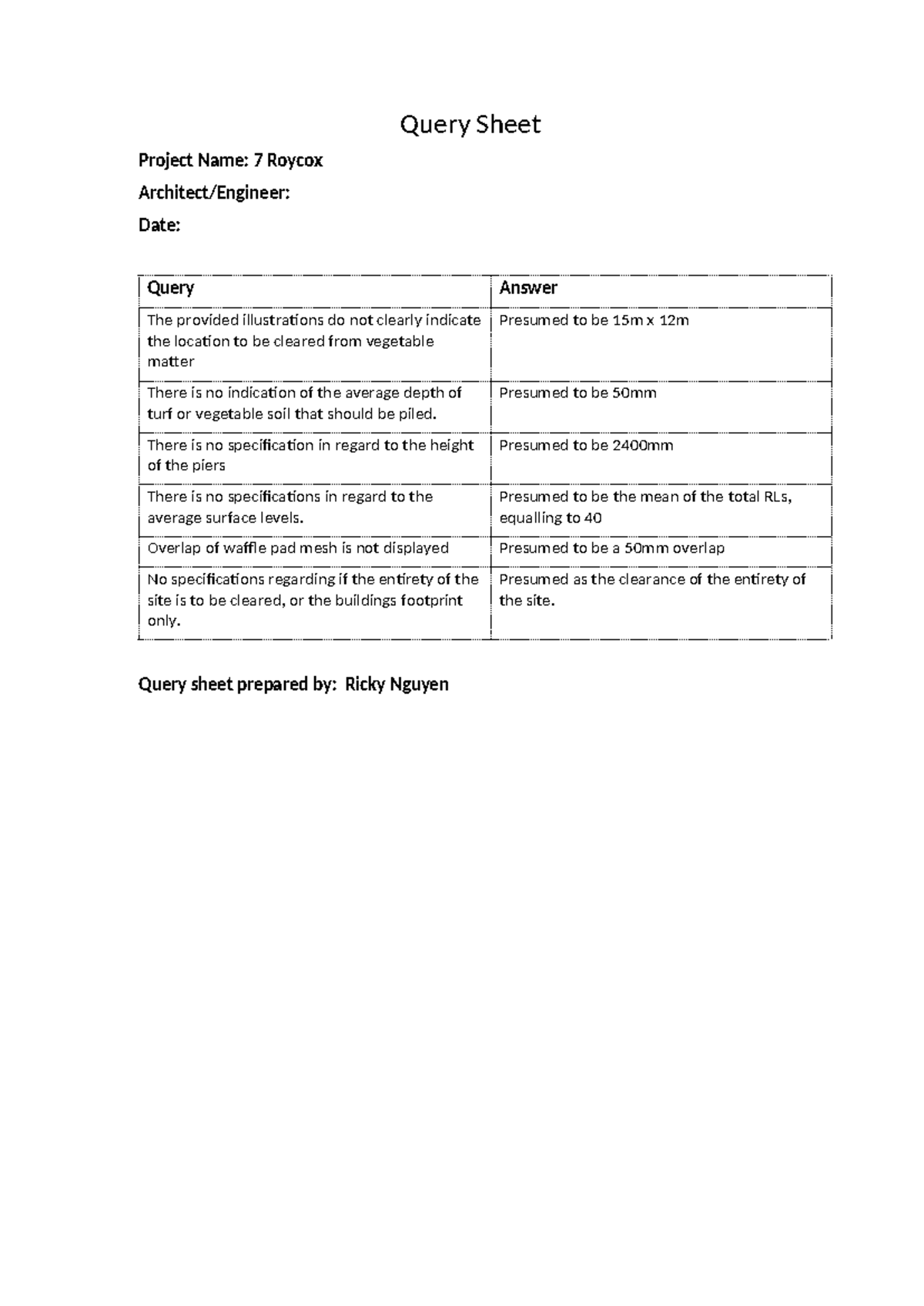 Query Sheet for Project 7 Roycox: Clarifications and Assumptions - Studocu
