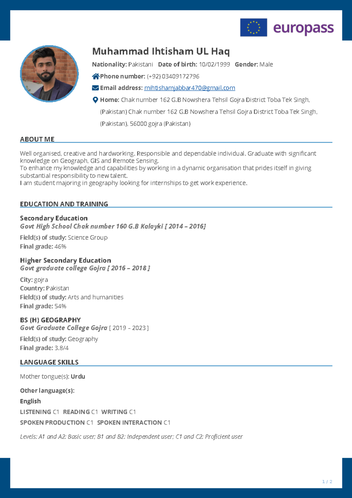 CV - Muhammad Ihtisham UL Haq (Geography Major)## - Studocu