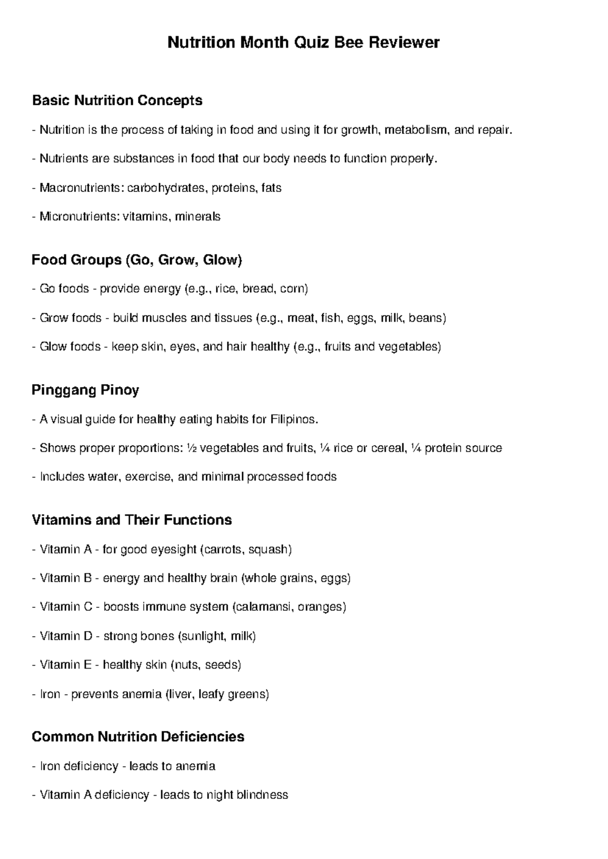 Nutrition Month Quiz Bee Reviewer: Basic Nutrition Concepts - Studocu