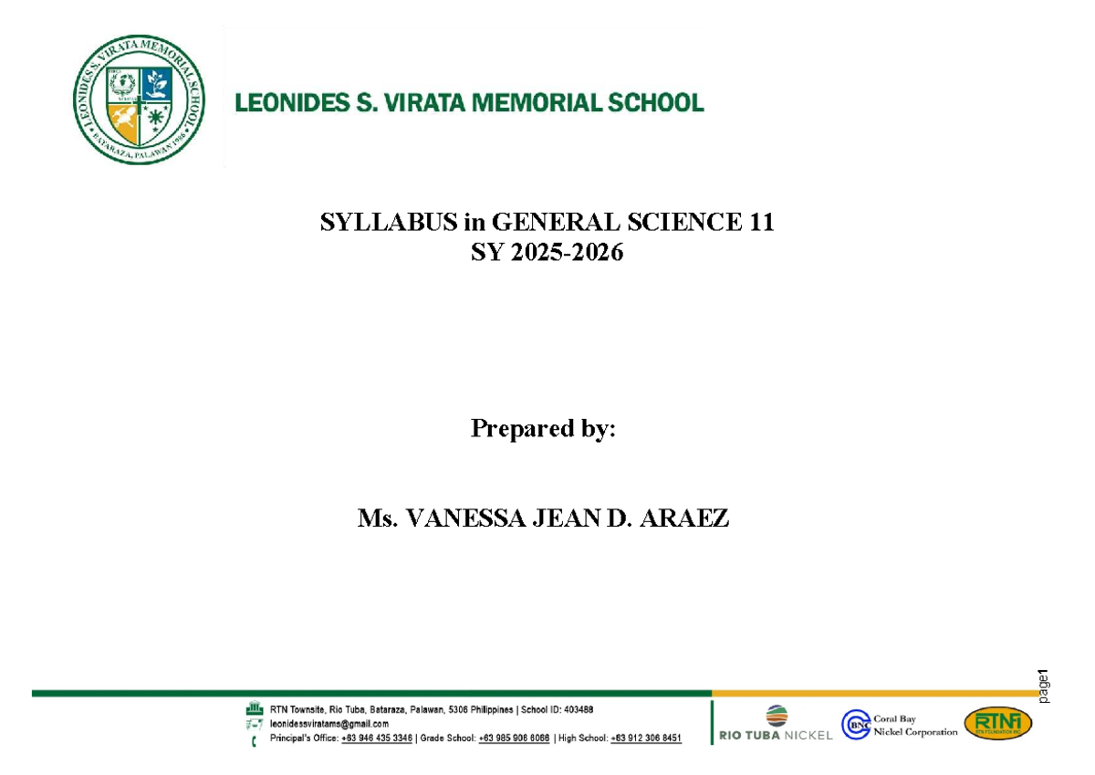 SY 11 General Science Syllabus: Course Overview & Learning Goals - Studocu