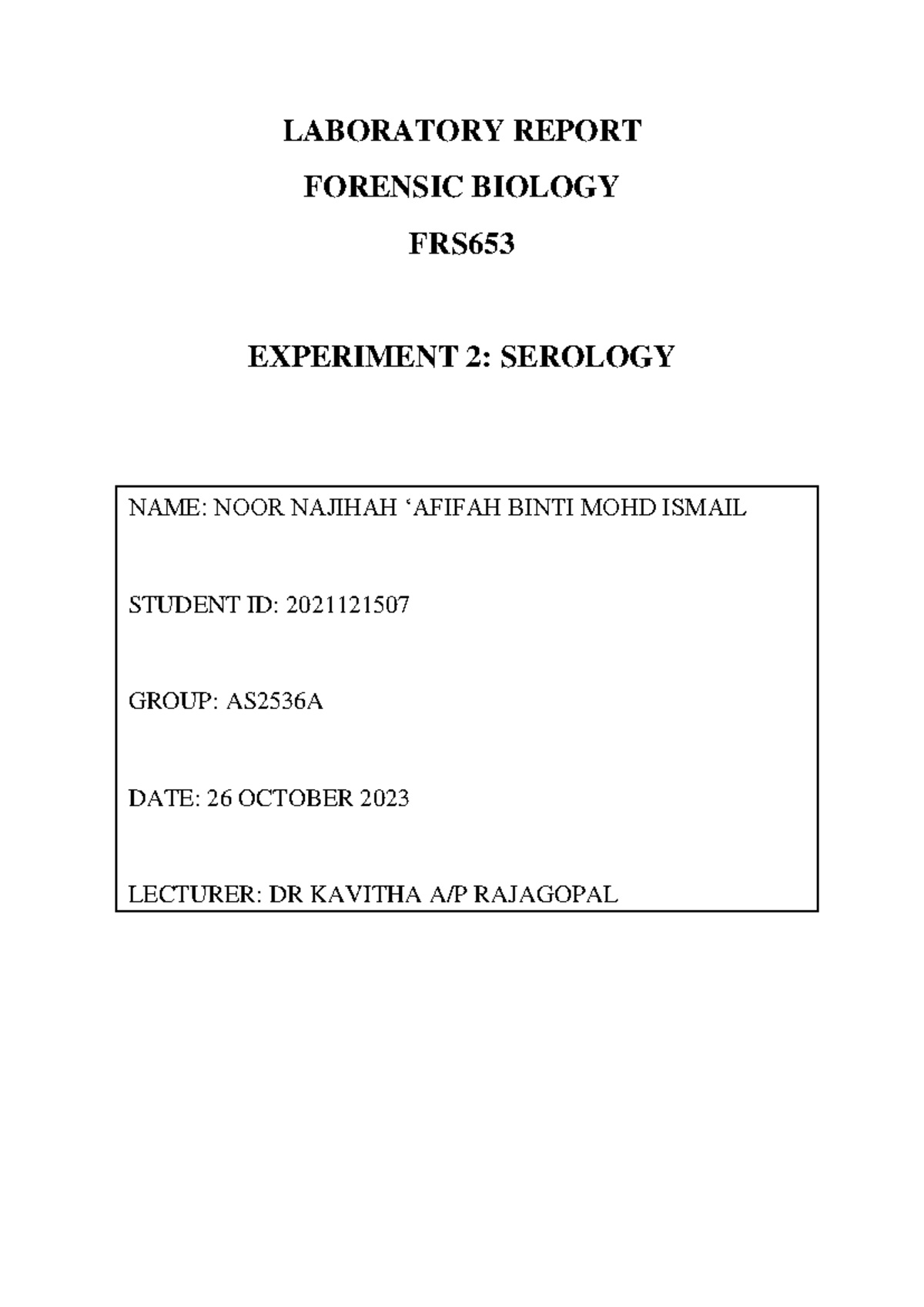 Laboratory Report FRS653 Experiment 2: Serology Analysis - Studocu