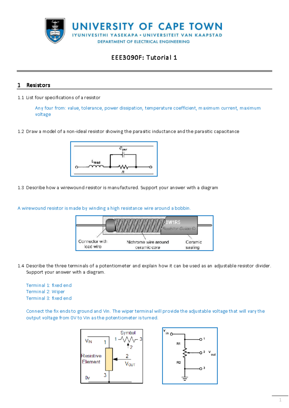 EEE3090F Tutorial 1 - Resistors and Diodes Solutions - Studocu