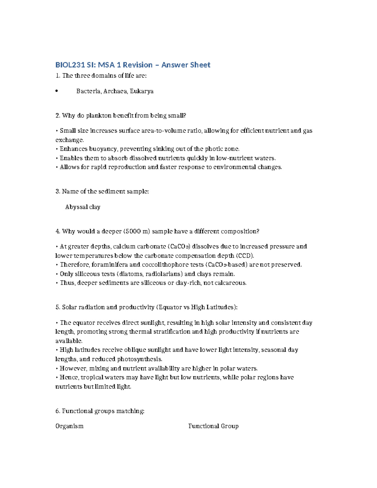 BIOL231 SI: MSA 1 Revision Answer Sheet on Marine Ecosystems - Studocu