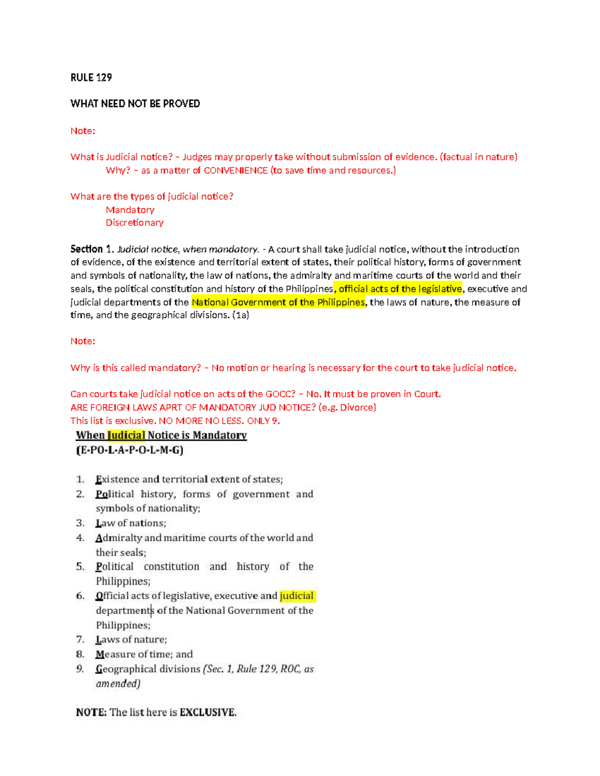 Judicial Notice Lecture: Rule 129 Overview and Key Points - Studocu