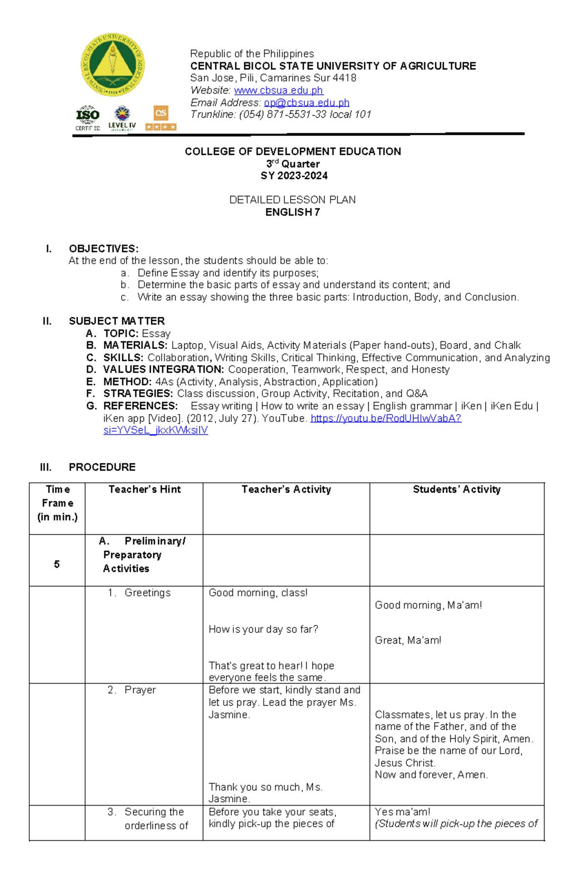 Grade 7 English 7 Essay Lesson Plan for Quarter 3 - Studocu