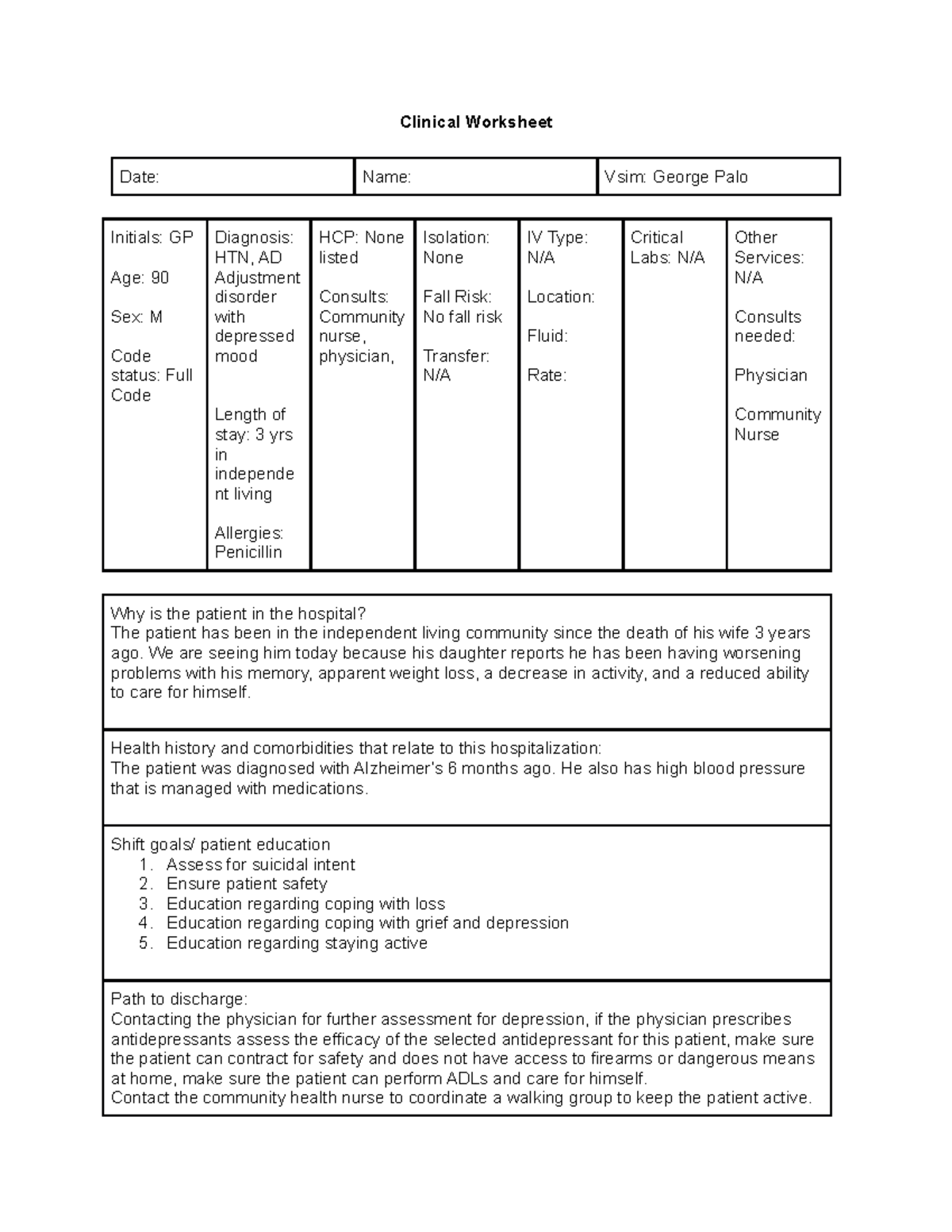 George Palo Clinical Worksheet: Assessment & Care Plan - Studocu