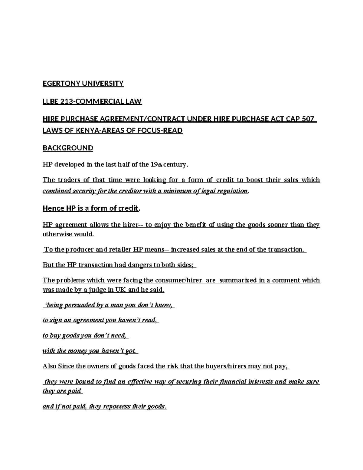 EGERTONY UNIVERSITY LLBE LAW HIRE PURCHASE ACT CAP 507 NOTES - Studocu