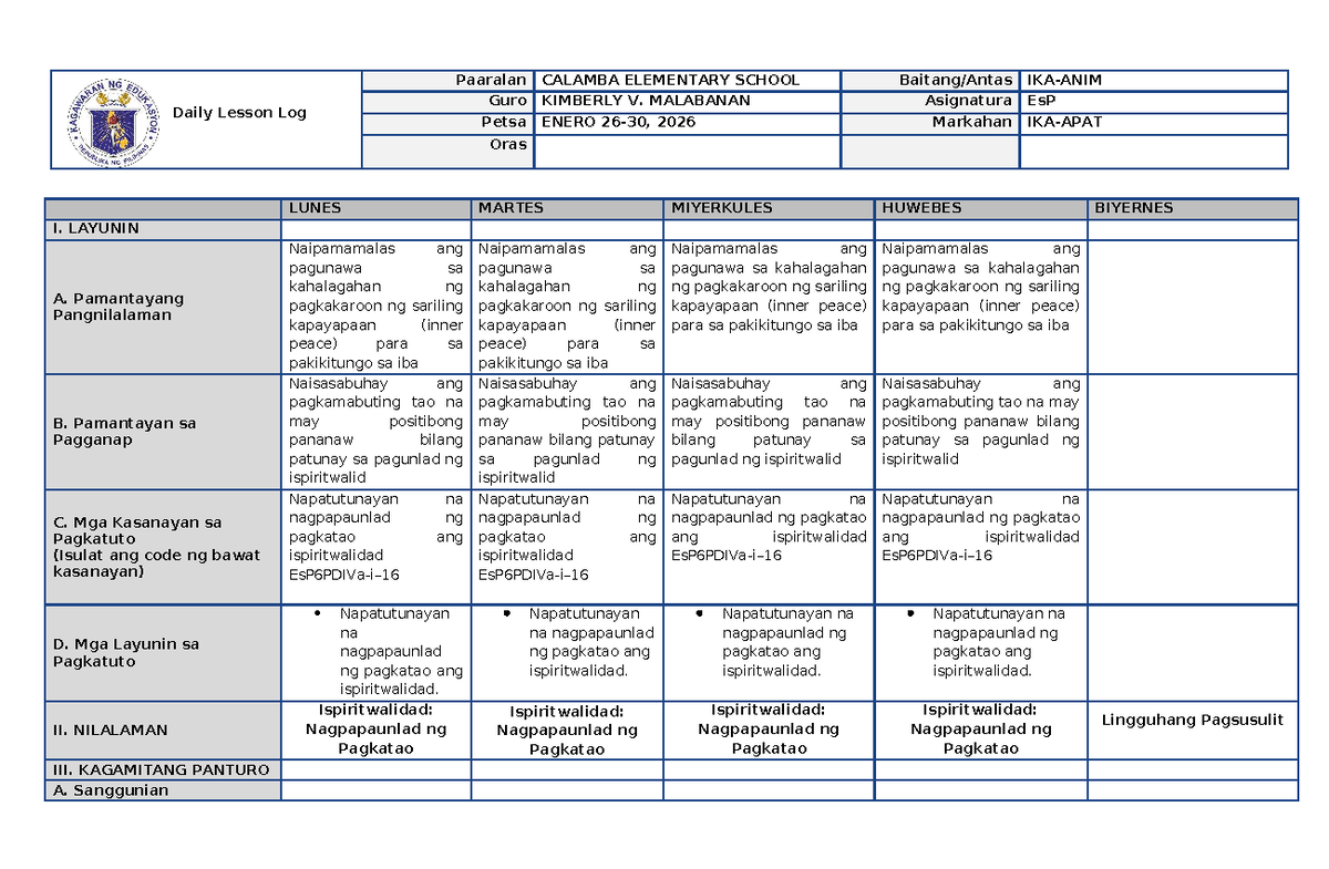 GR 6 DLL EsP WK 1 QTR 4 - Lesson Plan on Inner Peace and Spirituality ...