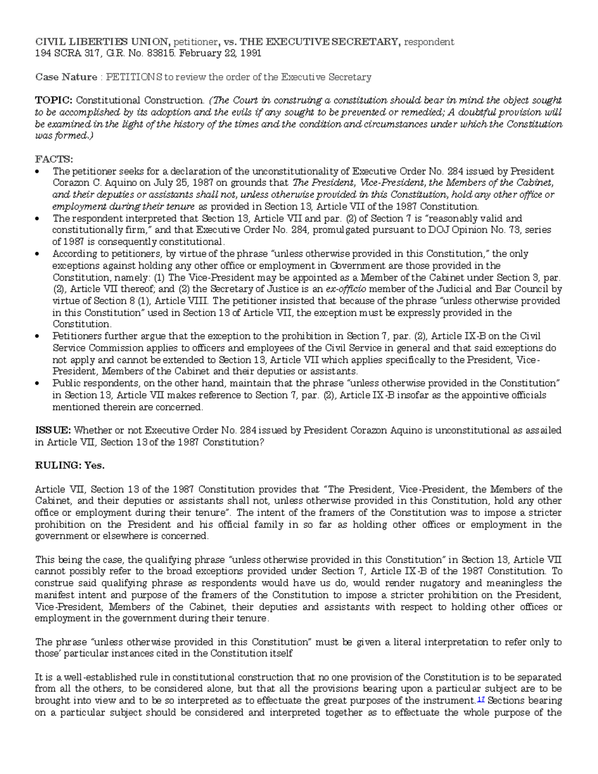 Civil liberties union vs the executive secretary 194 scra 317 case digest - CIVIL LIBERTIES ...