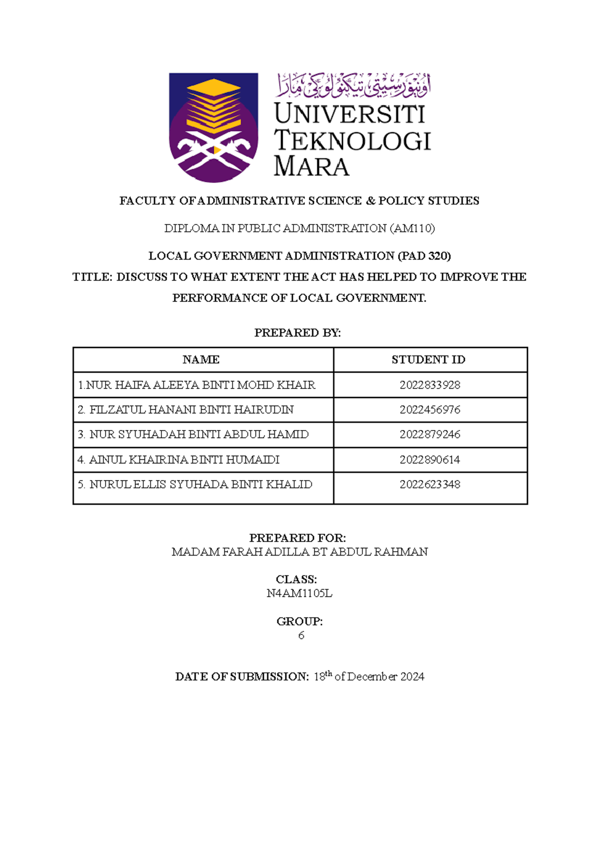 PAD320 Group 6 Report on Local Government Act 1976 Impact Analysis ...