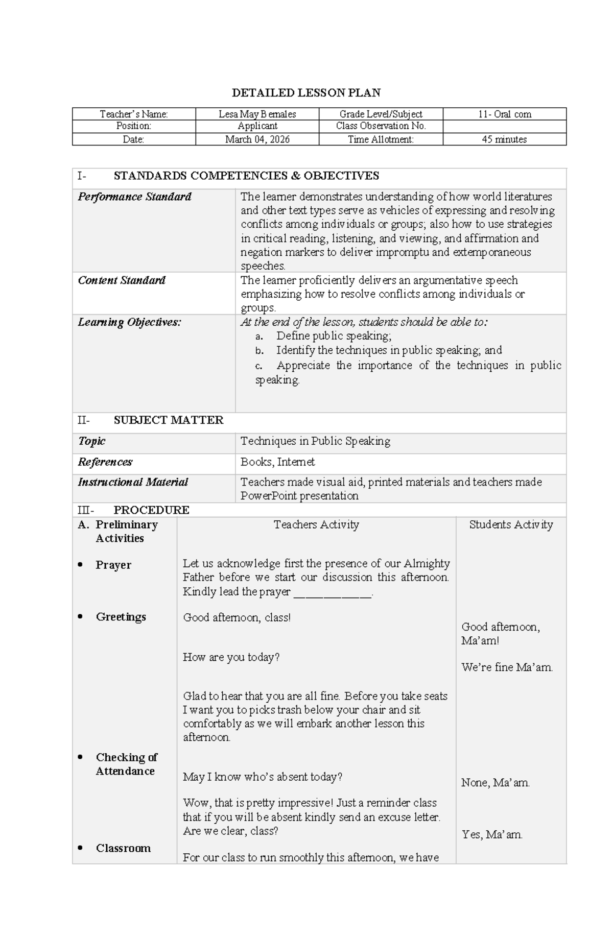 Speech Lesson Plan - Oral Communication Techniques (OC 101) - Studocu