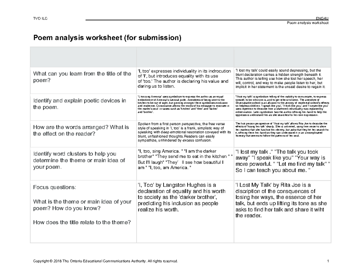 ENG4U Poem Analysis Graphic Organizer for Submission - Studocu