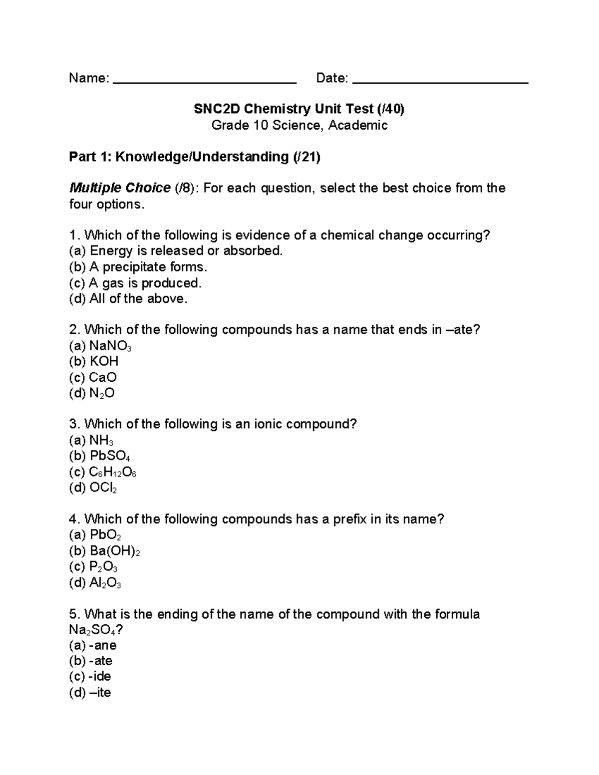 SNC2D Chemistry Unit Test: Grade 10 Science, Academic - Part 1 MCQ ...