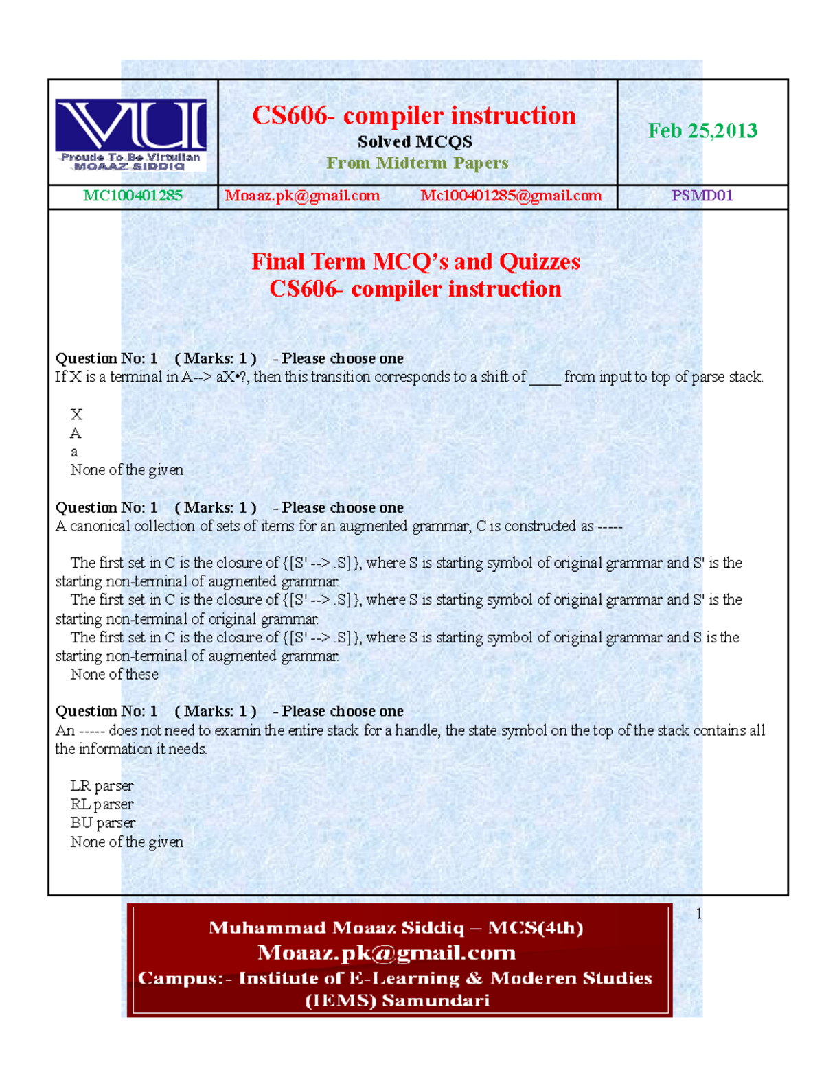 CS606 - Final Term Solved MCQs on Compiler Instruction by Moaaz - Studocu