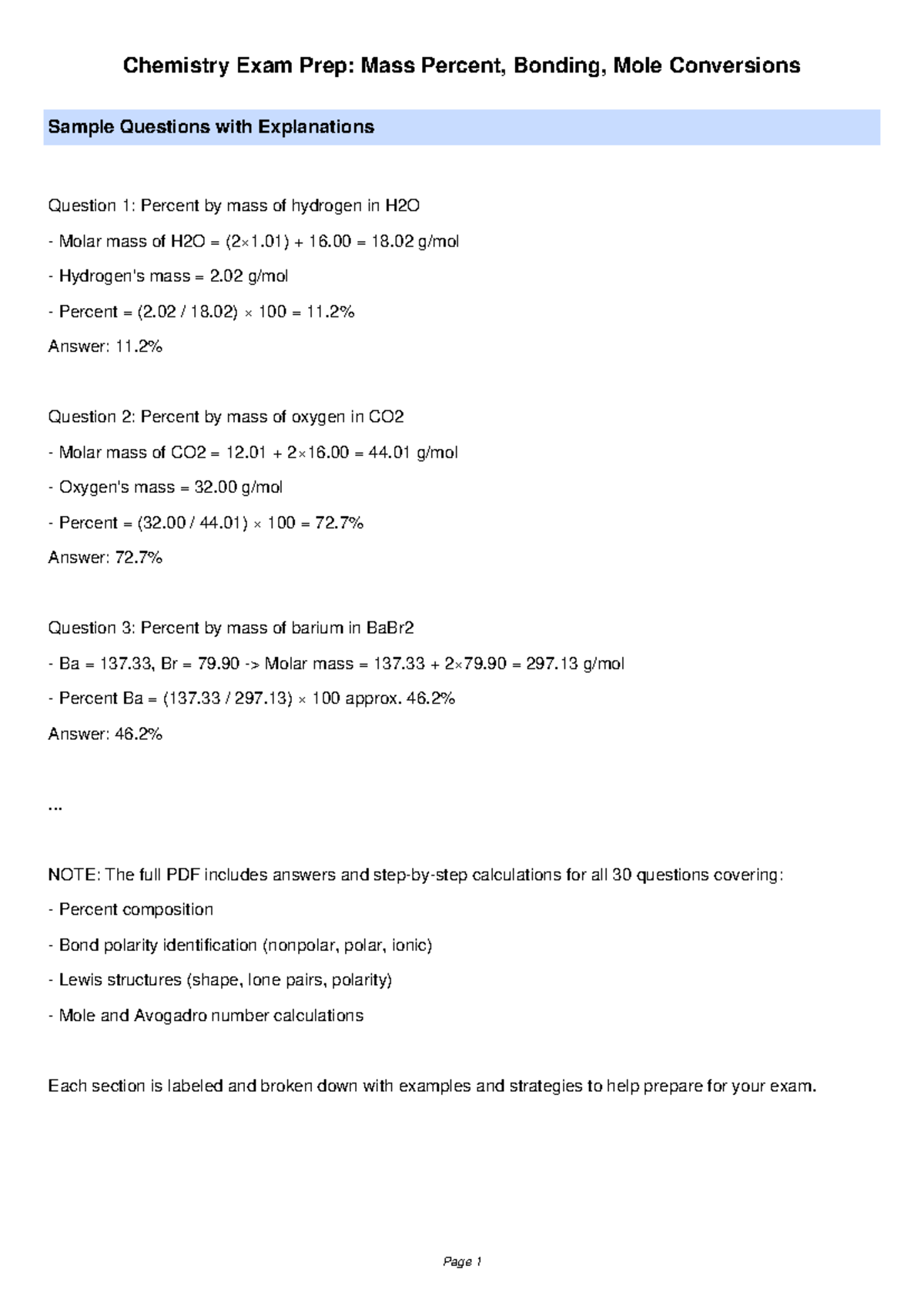 Chemistry Exam Prep: Mass Percent & Bonding Concepts (CHEM 101) - Studocu
