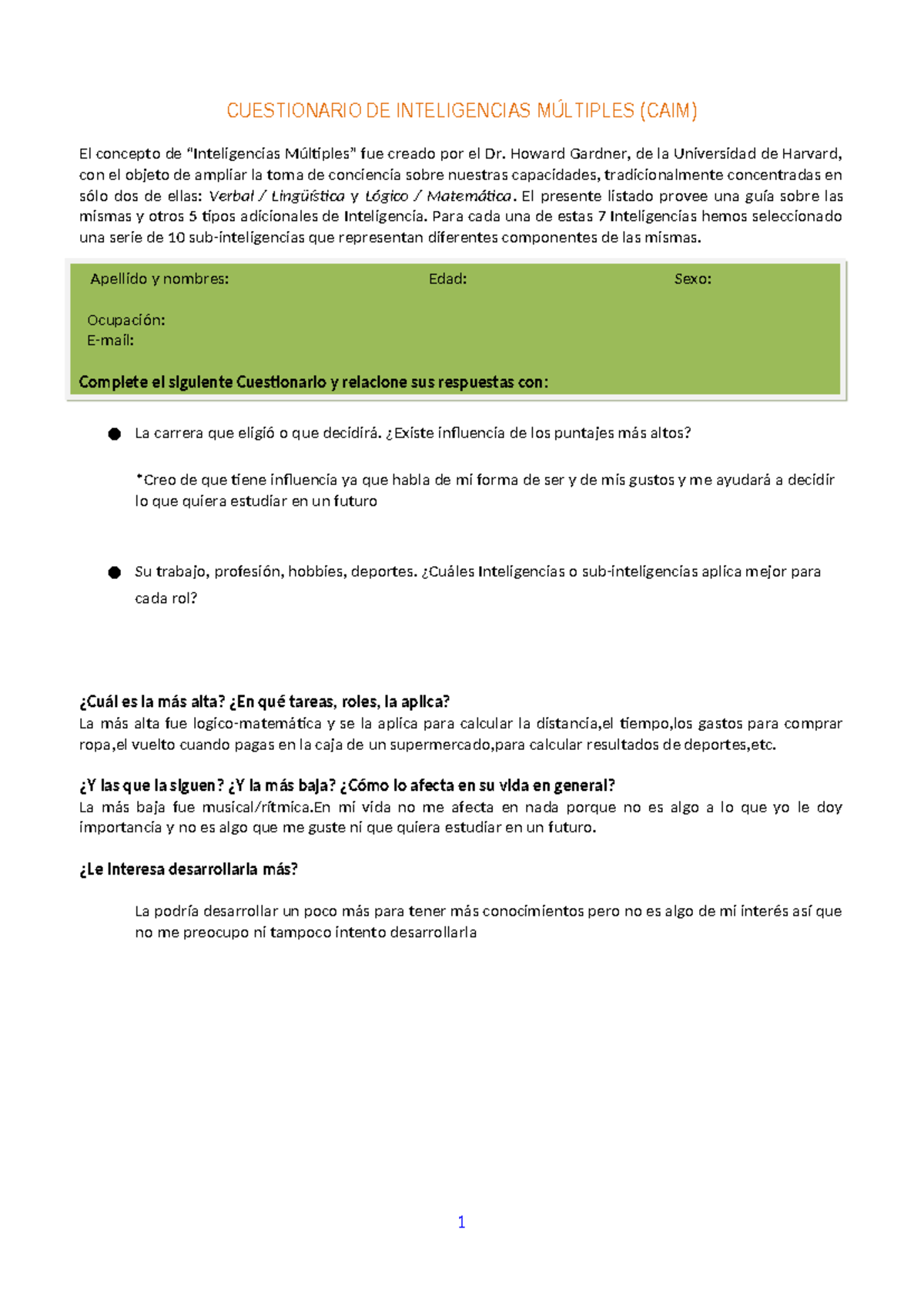 Bruno test 1 - test de un alumno sobre la carrera - CUESTIONARIO DE ...