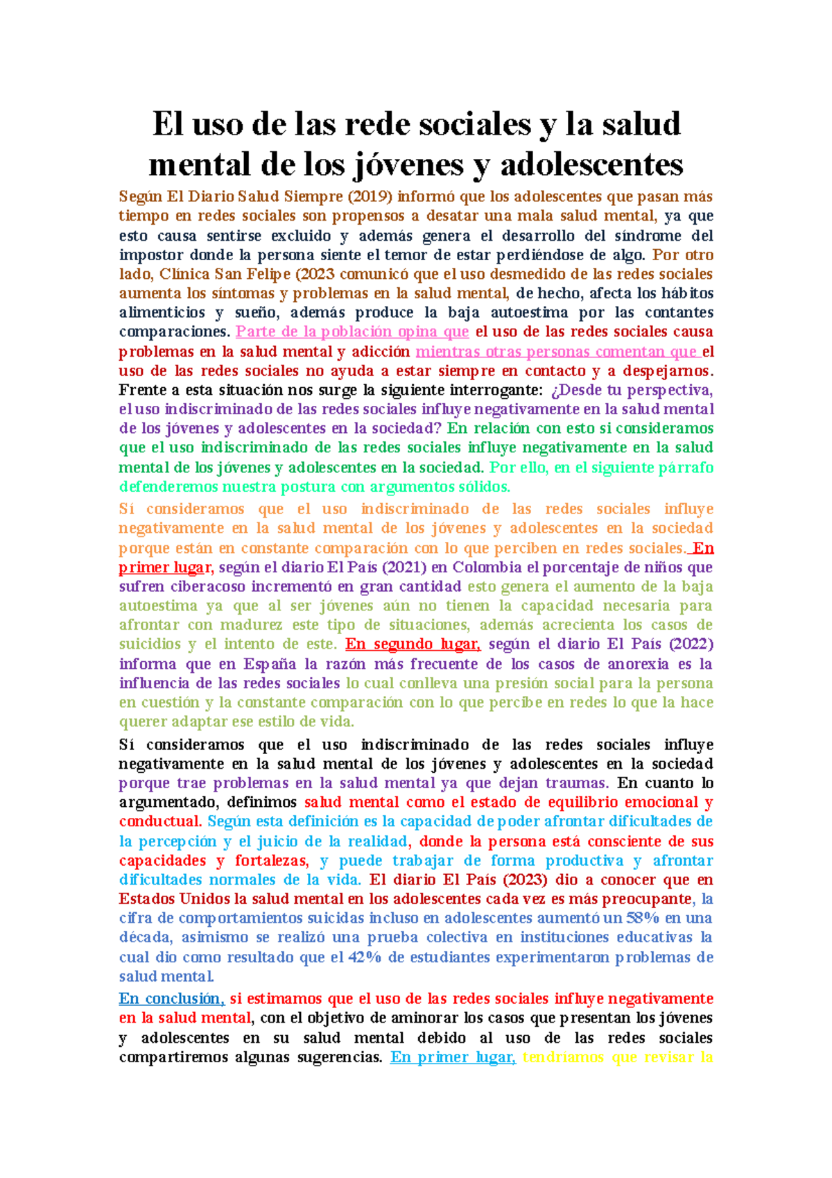 Texto Argumentativo TA2 - El uso de las rede sociales y la salud mental ...