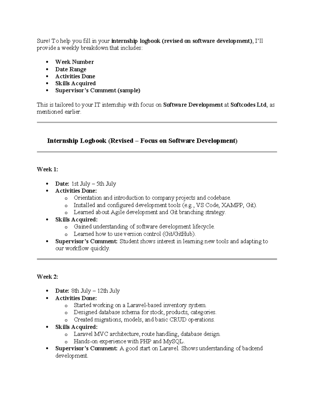 IT Internship Logbook (Revised) - Software Development Focus - Studocu