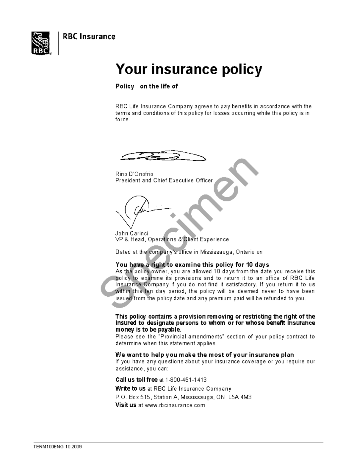 Life Insurance Contract - RBC Life Insurance Company Policy TERM100ENG ...