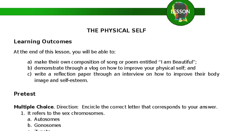 LESSON 5: THE PHYSICAL SELF - Understanding Body Image and Health - Studocu