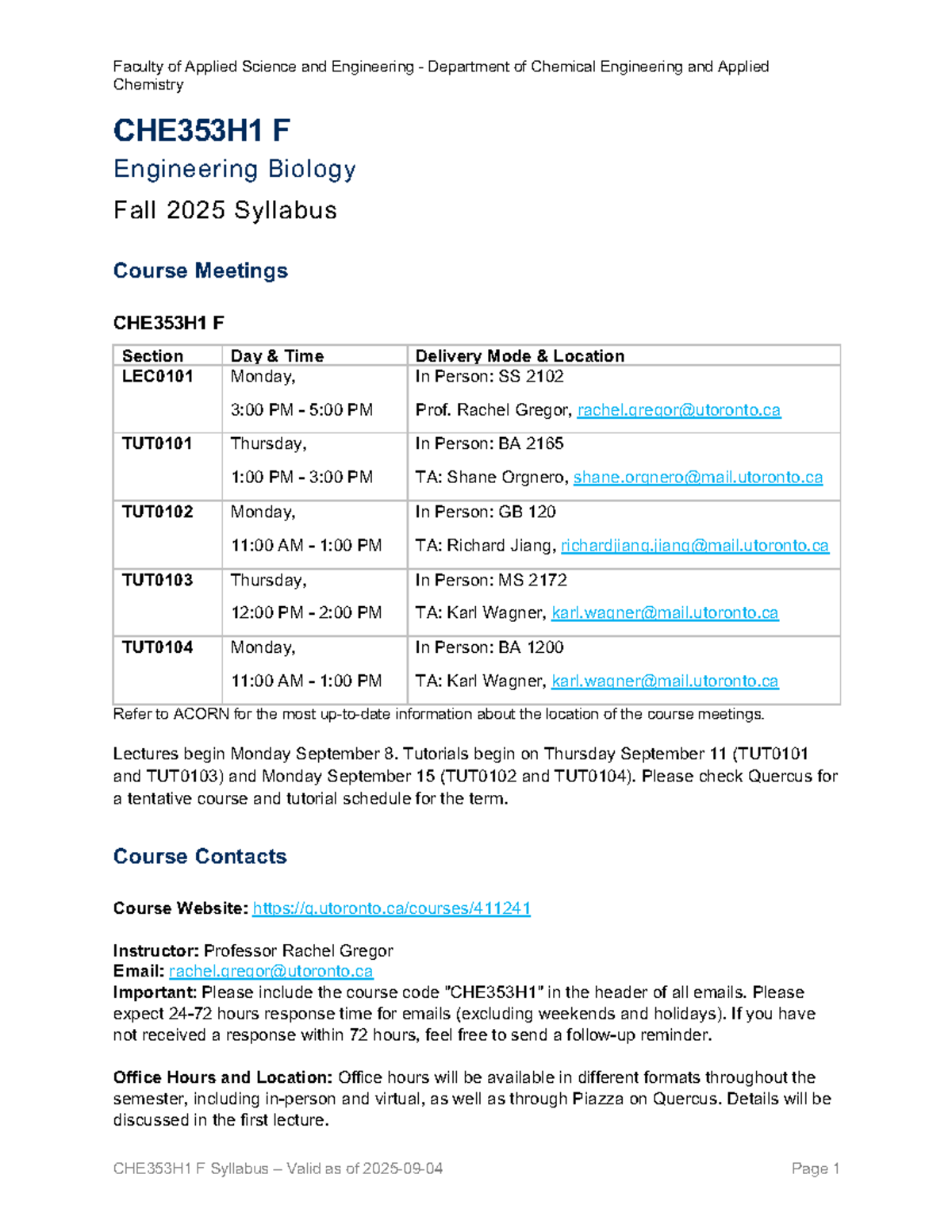 CHE353H1 F 2025 Fall Engineering Biology Course Syllabus - Studocu