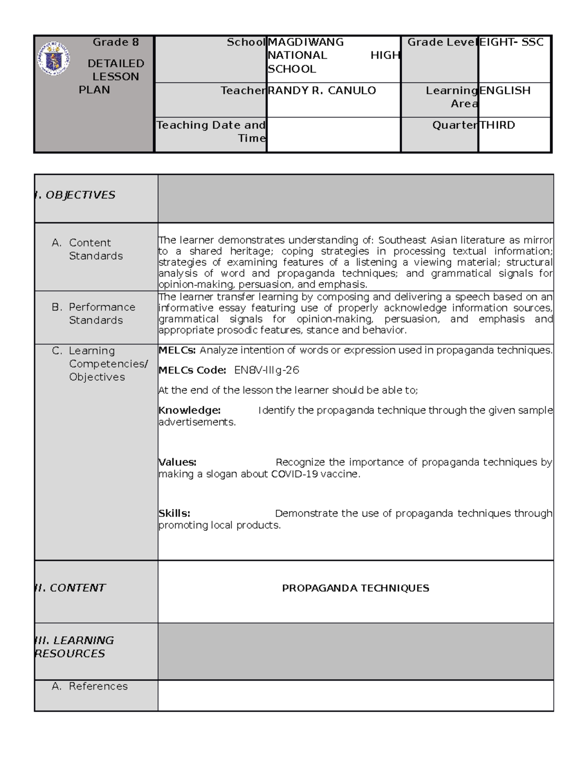 Grade 8 English - Detailed Lesson Plan on Propaganda Techniques - Studocu