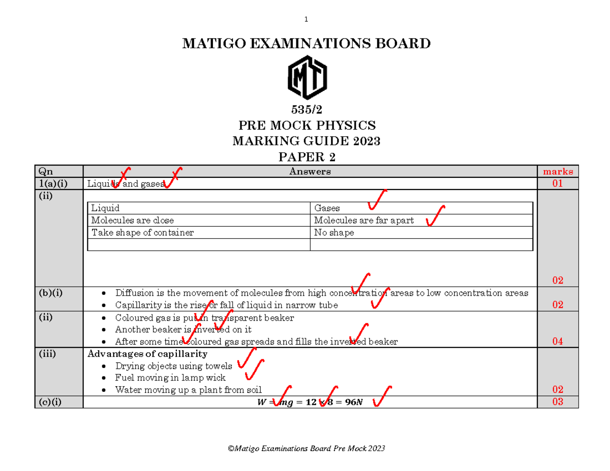 Matigo Pre Mock Physics Marking Guide 2023 Paper 2 - Studocu