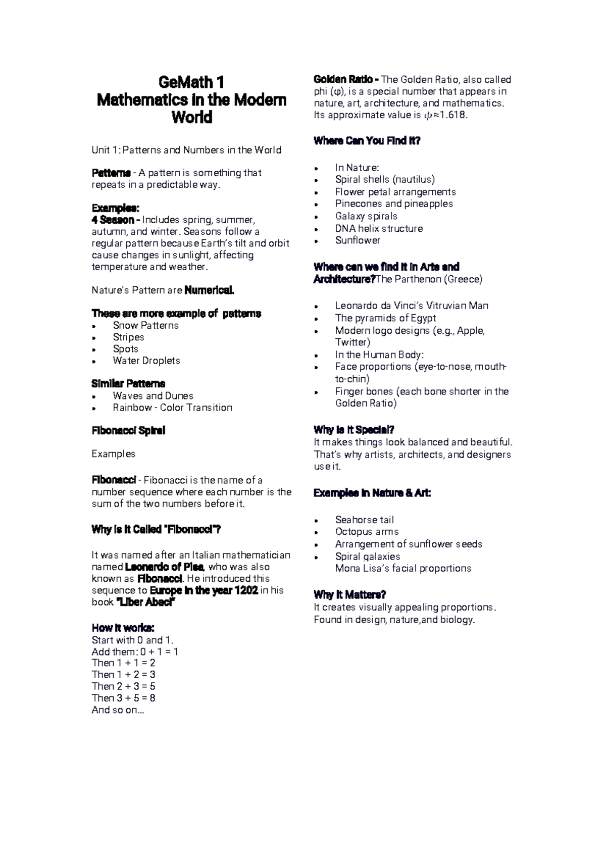 GeMath 1: Patterns, Numbers, and the Golden Ratio in Nature and Art ...