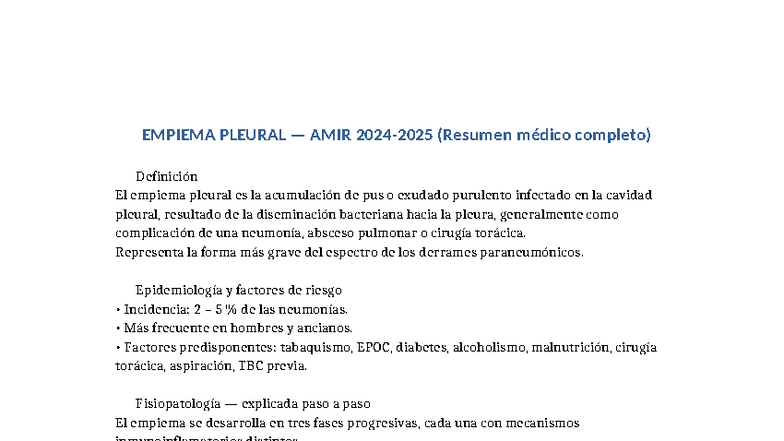 Empiema Pleural AMIR: Resumen Médico Completo - Studocu