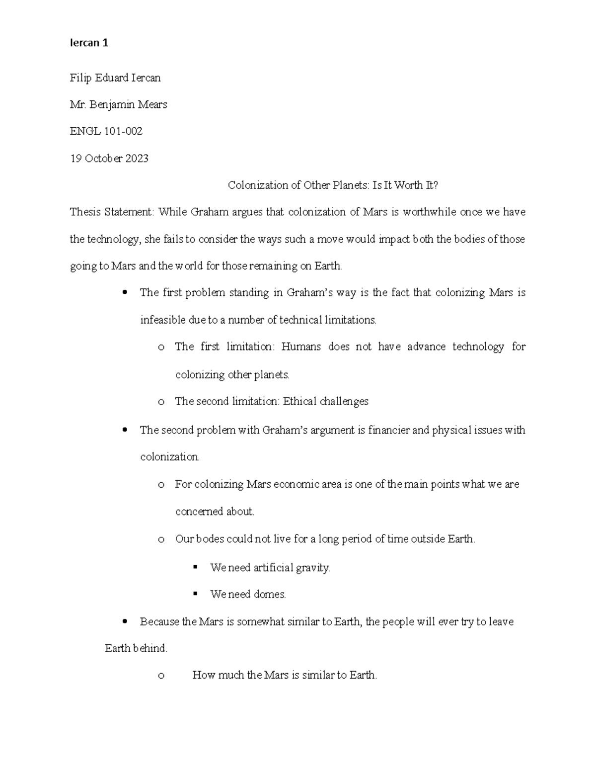Response Argument Essay - Filip Eduard Iercan Mr. Benjamin Mears ENGL ...