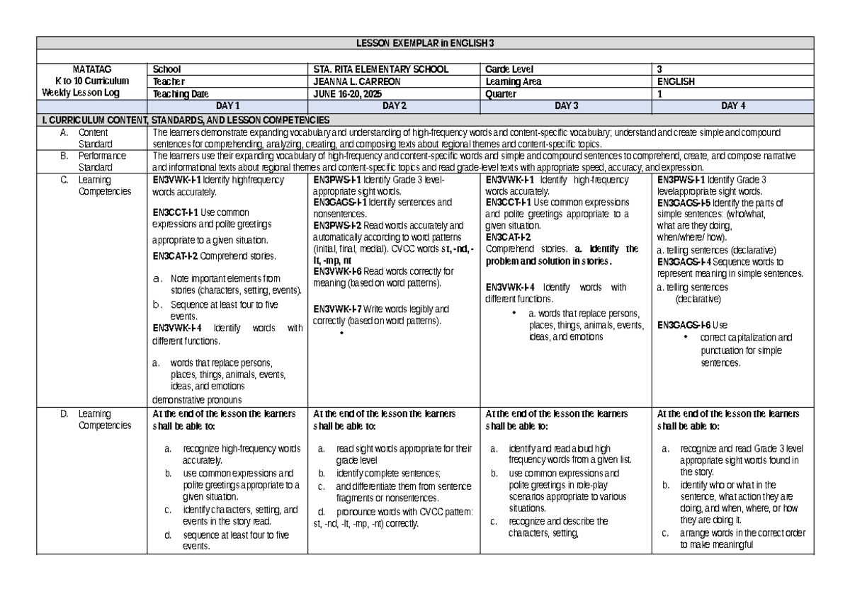 Q1 WK1 ENGLISH 3 LESSON EXEMPLAR: Vocabulary & Sentence Structure - Studocu