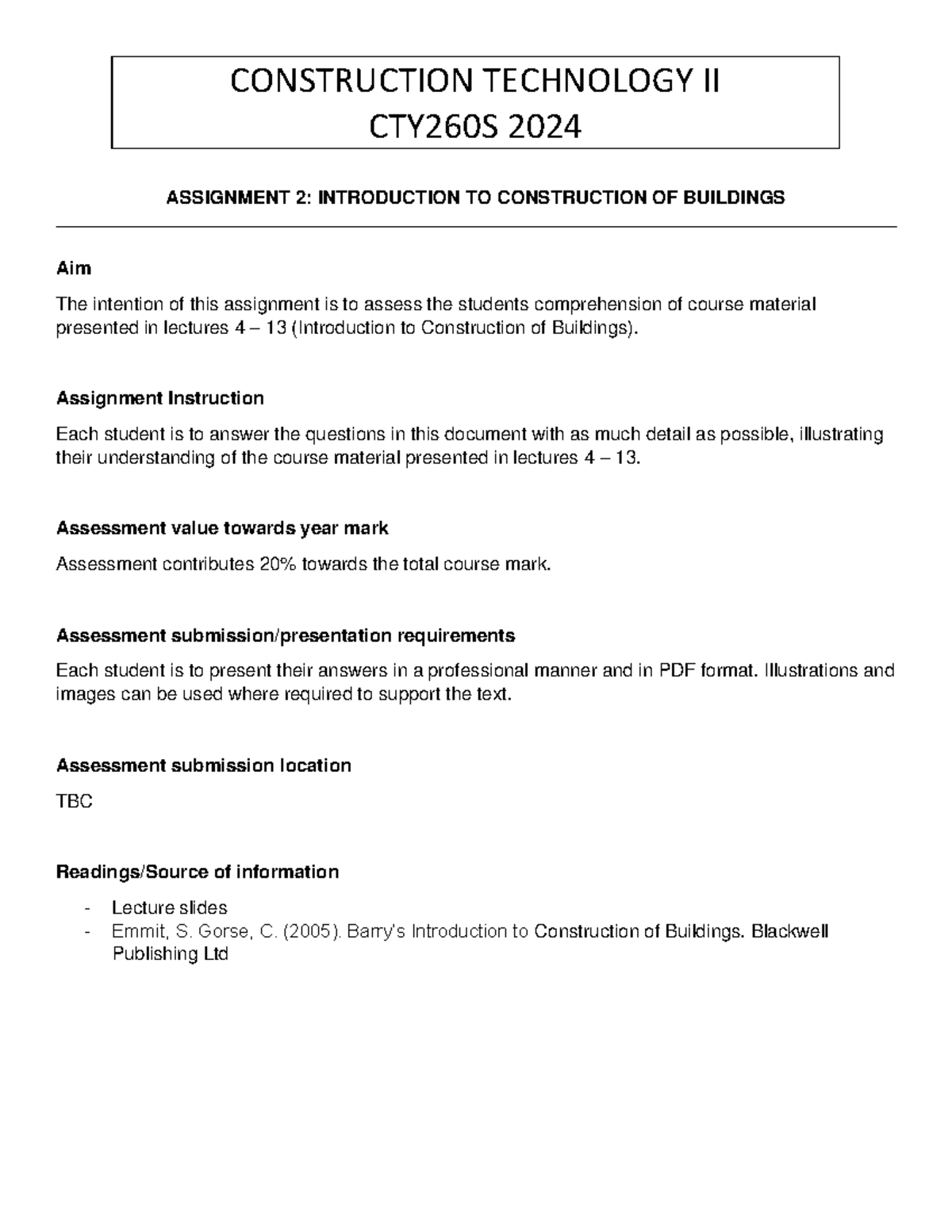 2024 CTY260S Assignment 2: Intro to Building Construction Concepts ...