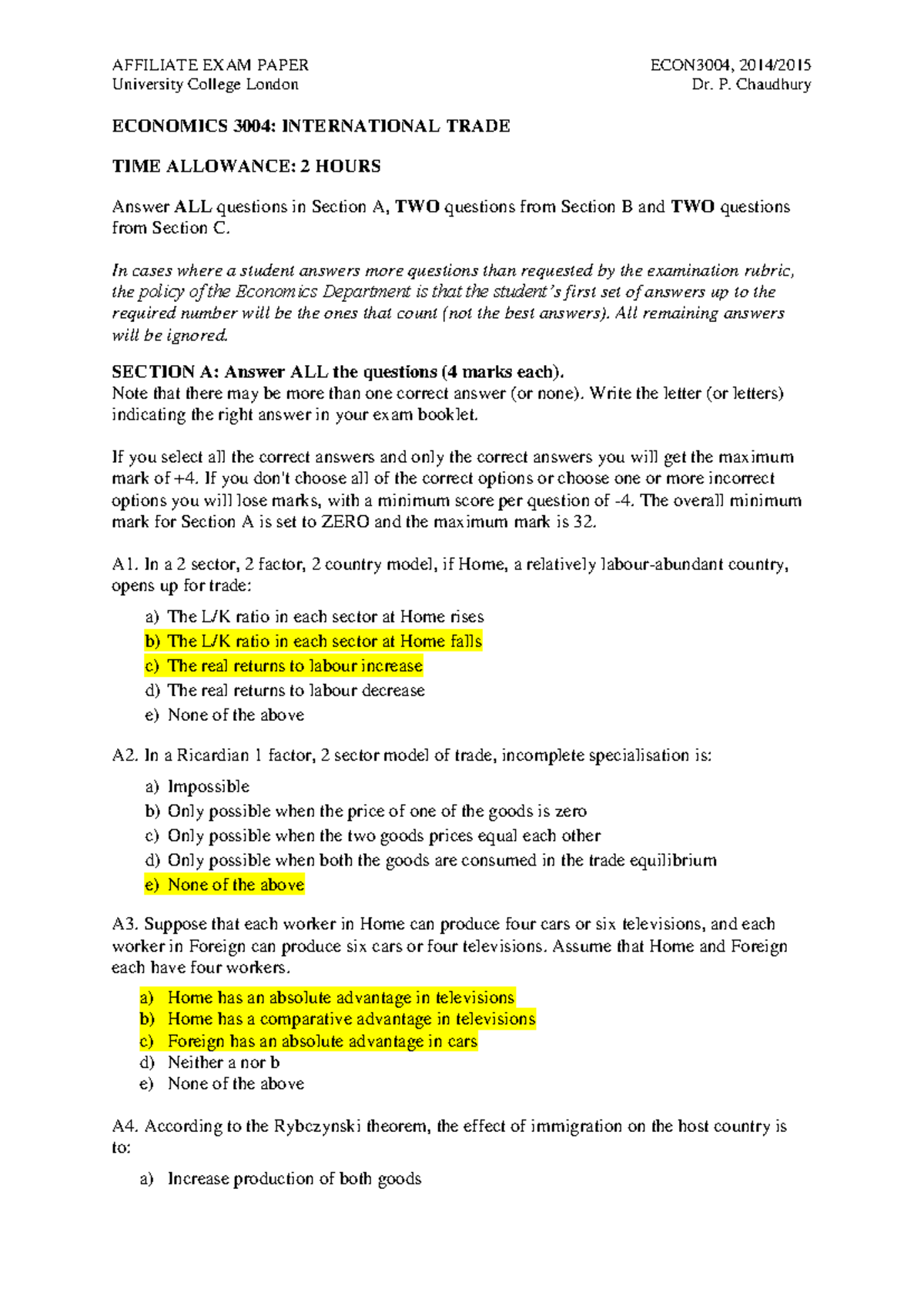 ECON3004 Final Exam Paper: International Trade Analysis 2014-15 - Studocu