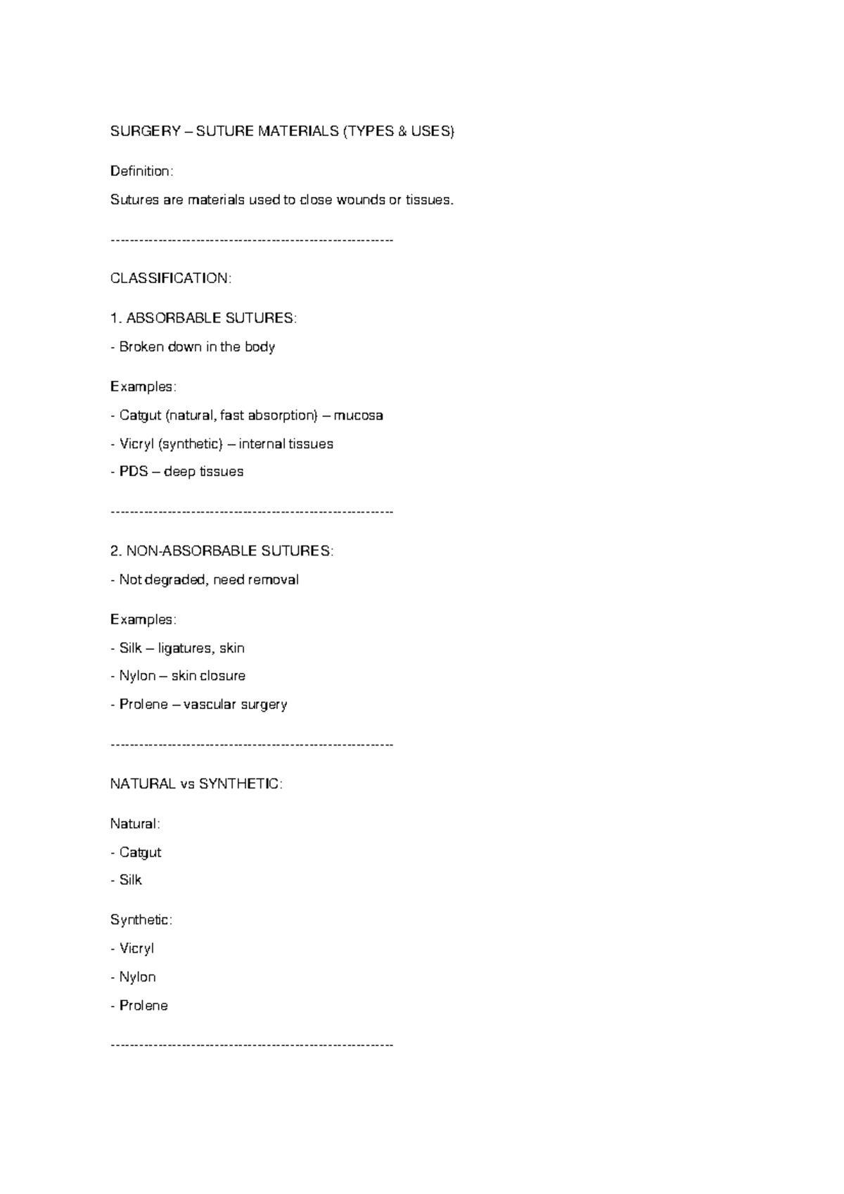 Surgery Suture Materials (Types & Uses) Notes for Study - Studocu