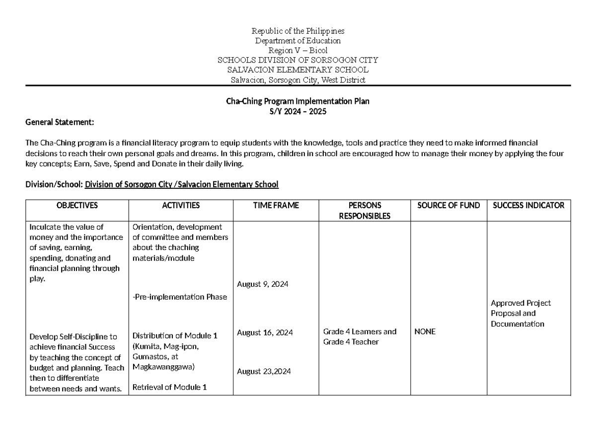 Cha-Ching Program Implementation Plan (S/Y 2024-2025) - Studocu