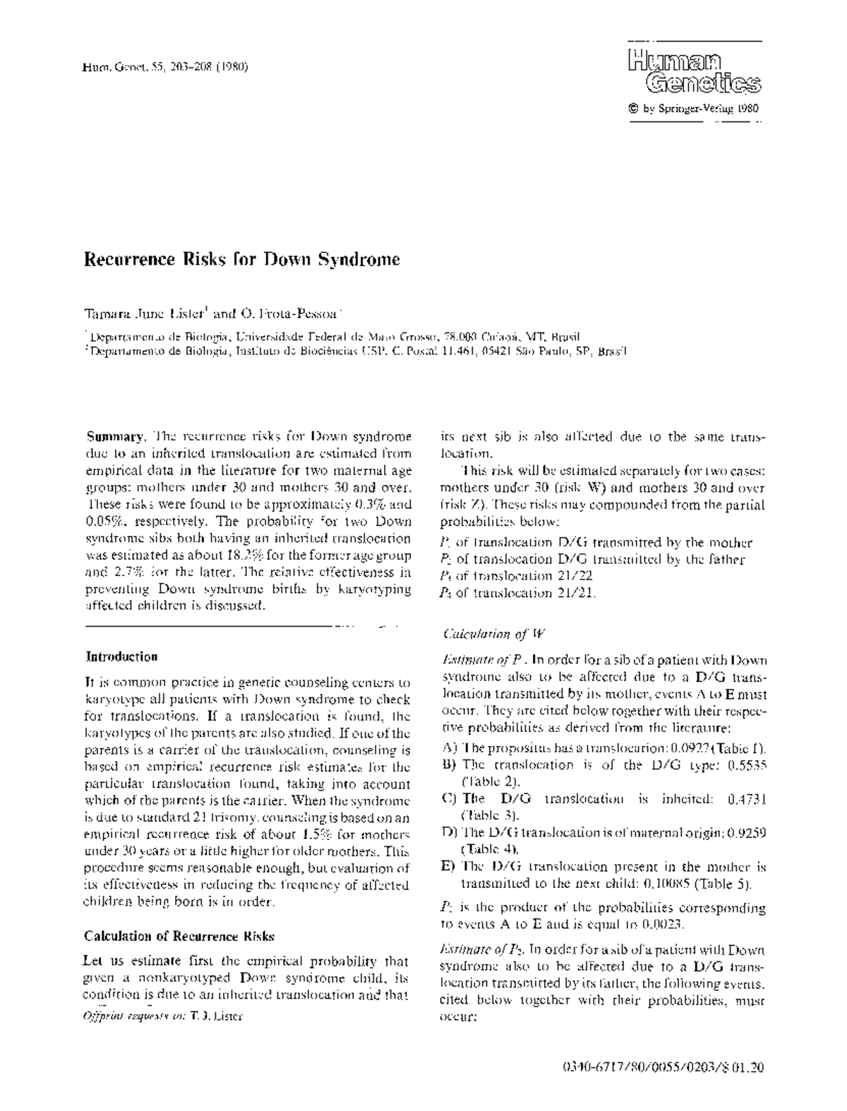 Recurrence risks for down syndrome - Hum. Genet. 55, 203-208 (1980 ...