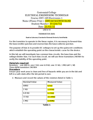 EET-129 LAB 8 Common Emitter Amplifier - Centennial College ELECTRICAL ENGINEERING TECHNICIAN ...