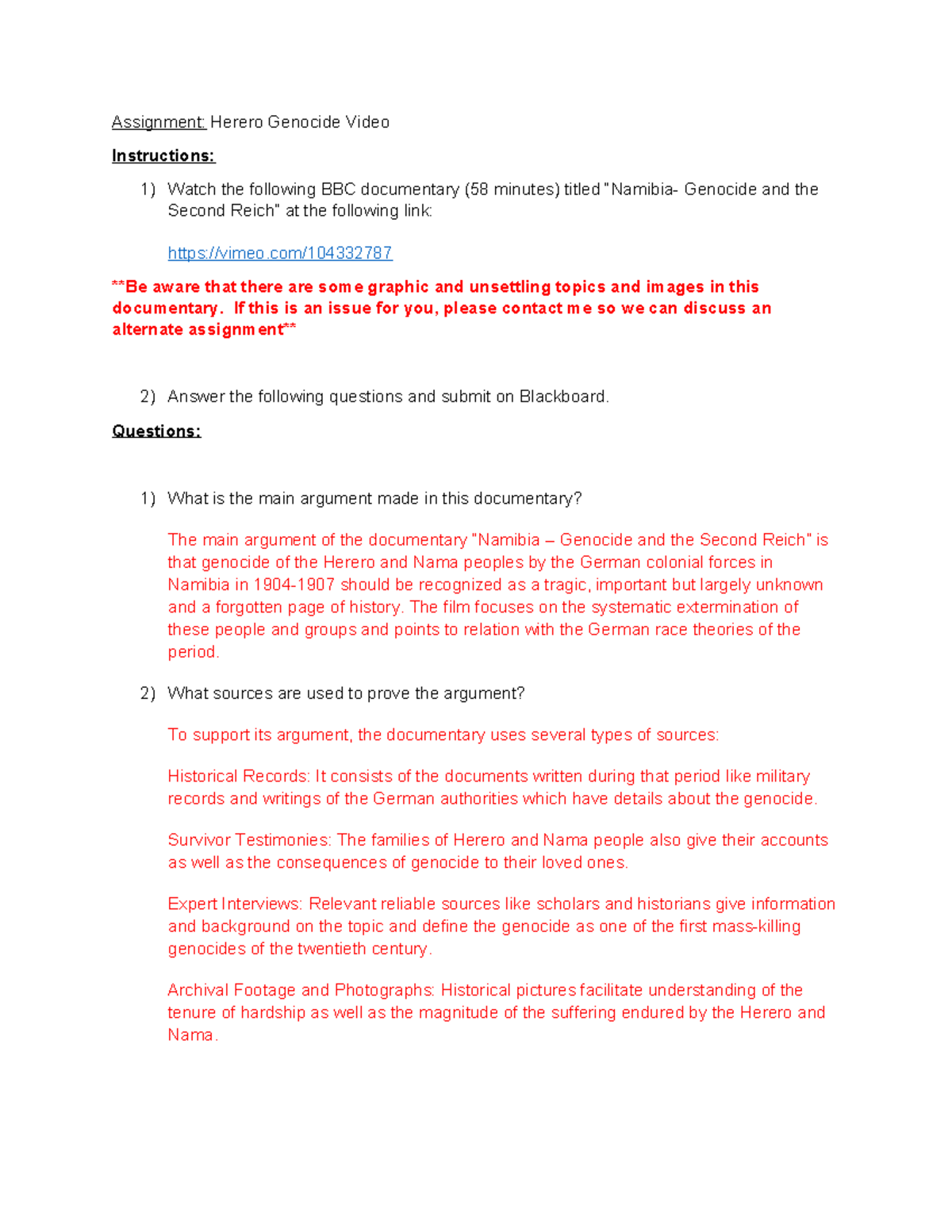 HIST 201: Herero Genocide Documentary Assignment Insights - Studocu