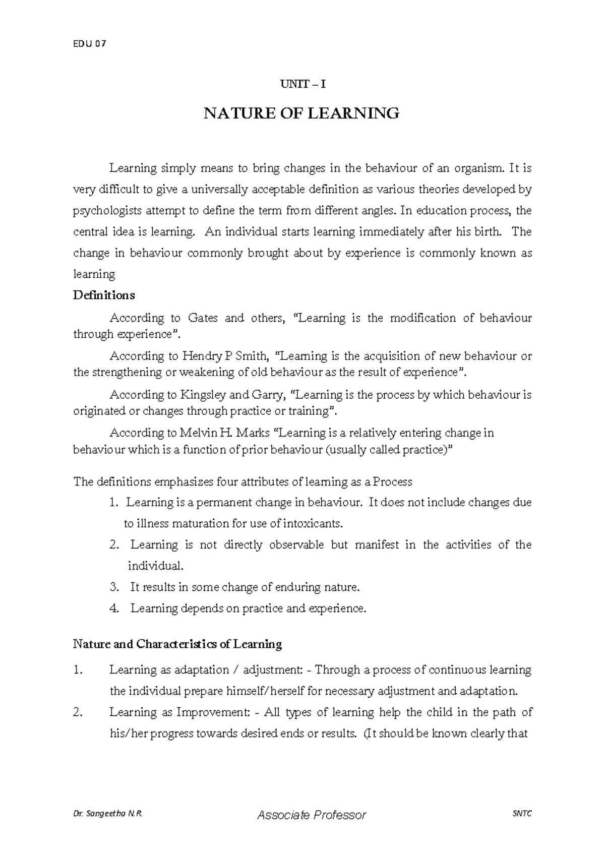 EDU 07 Unit I: Understanding the Nature and Characteristics of Learning ...