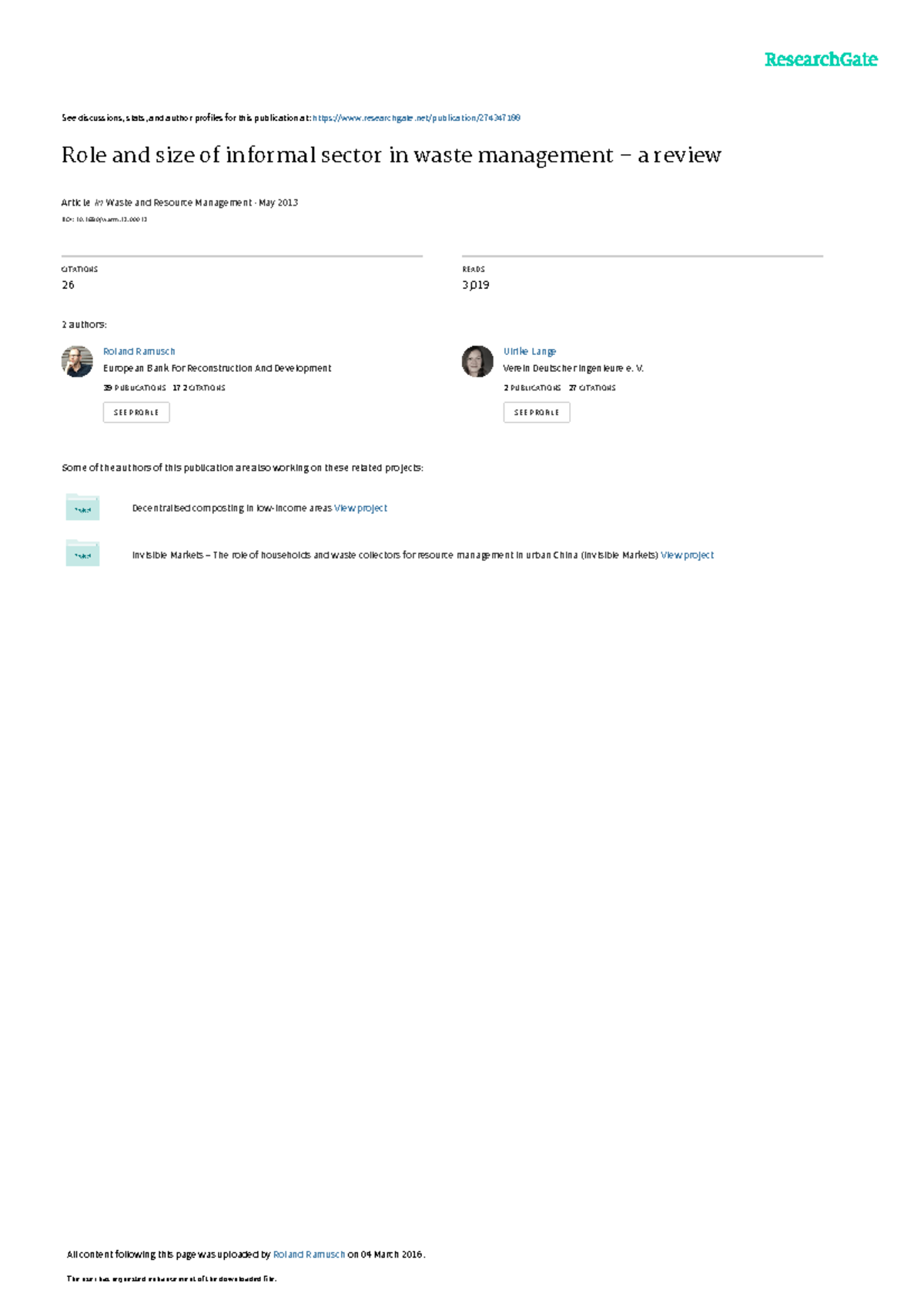 Role and Size of Informal Sector in Waste Mgt - RM 166-069 Review - Studocu