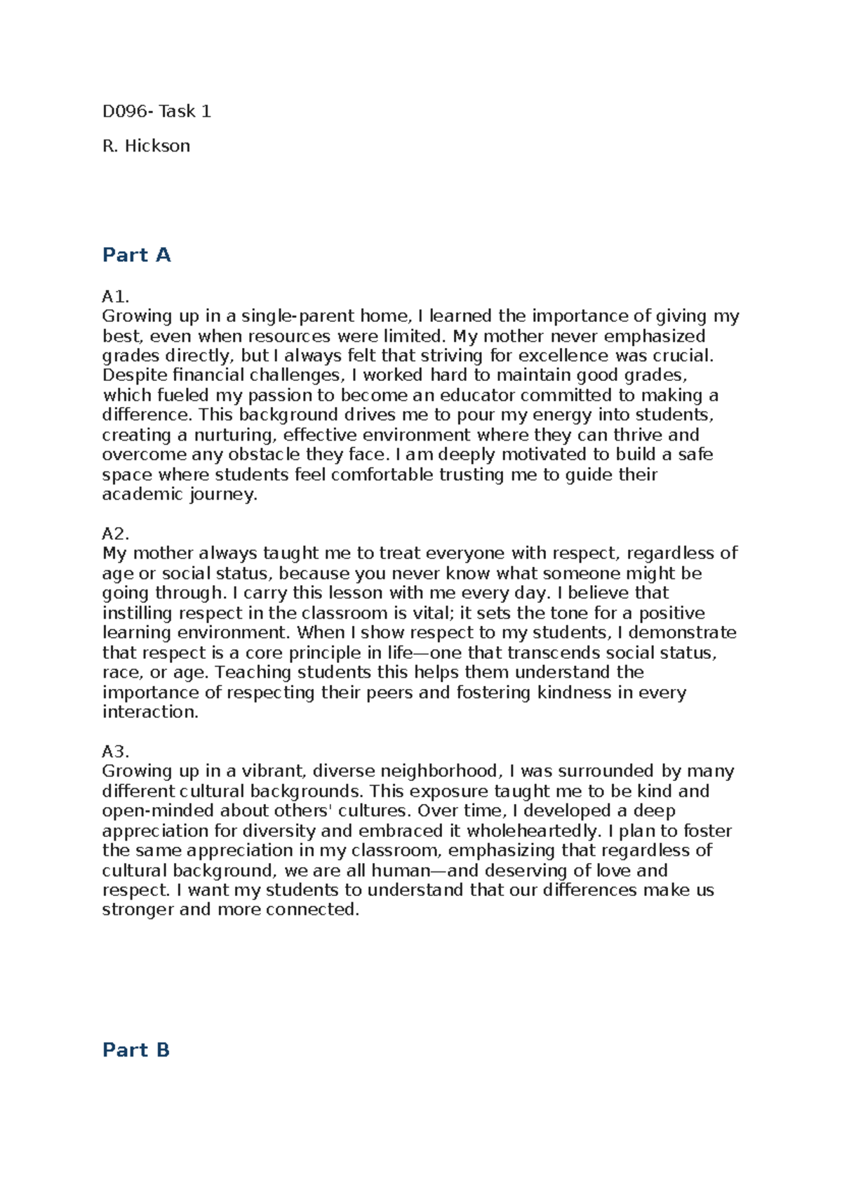 D096 Task 1: Embracing Diversity and Respect in Education - Studocu