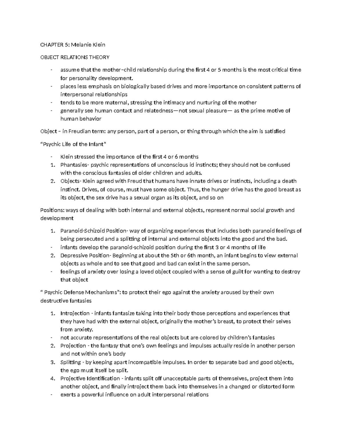 Chapter 5- Melanie Klein, Object Relations Theory - CHAPTER 5: Melanie Klein OBJECT RELATIONS ...