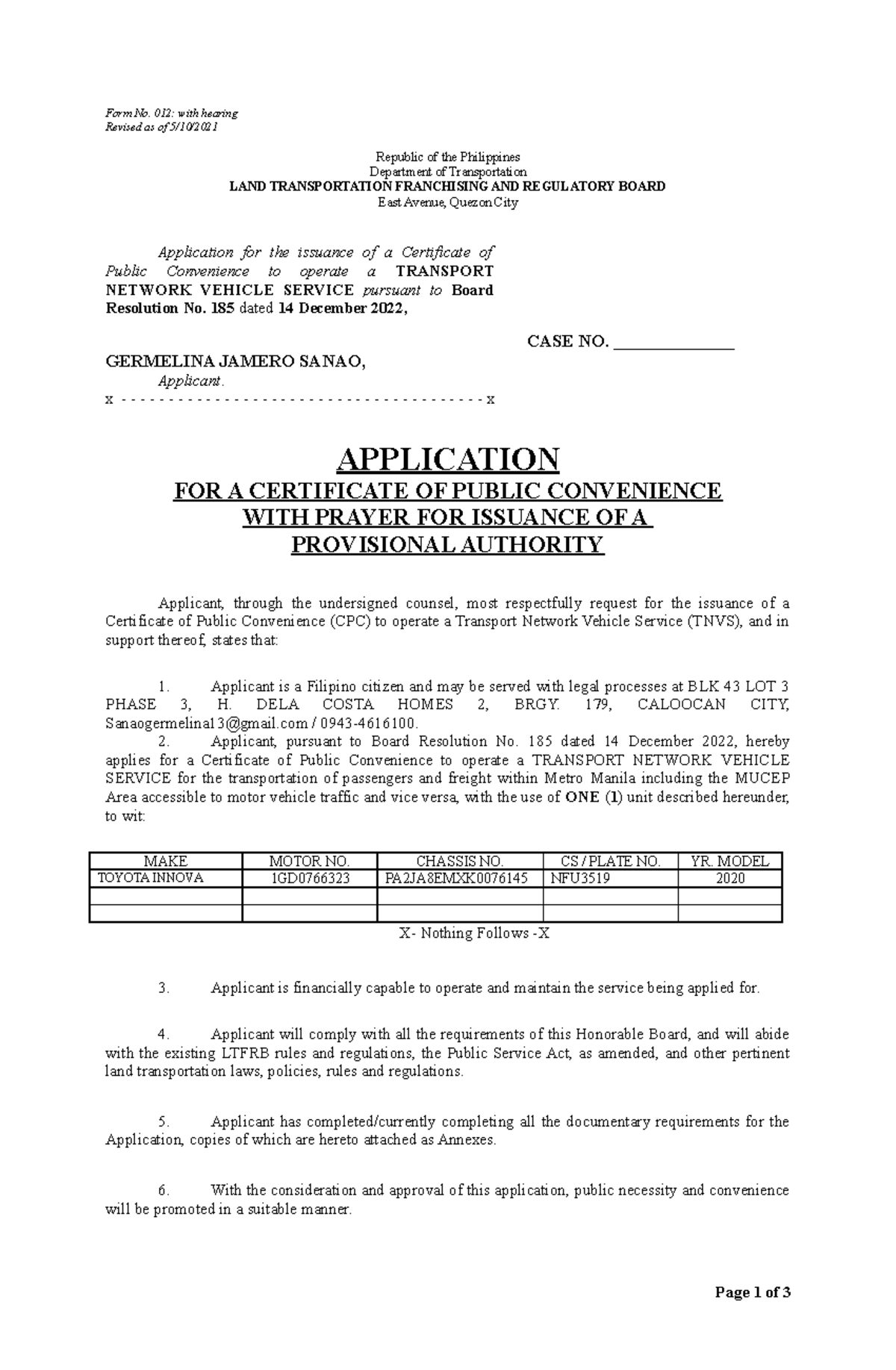 Updated Application - New CPC - Form No. 012: with hearing Revised as ...