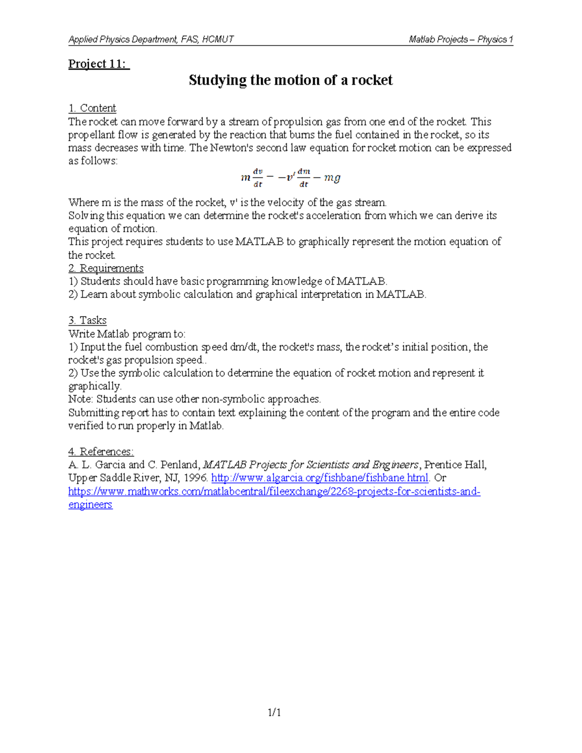 Project 11: MATLAB Simulation of Rocket Motion in Physics 1 - Studocu