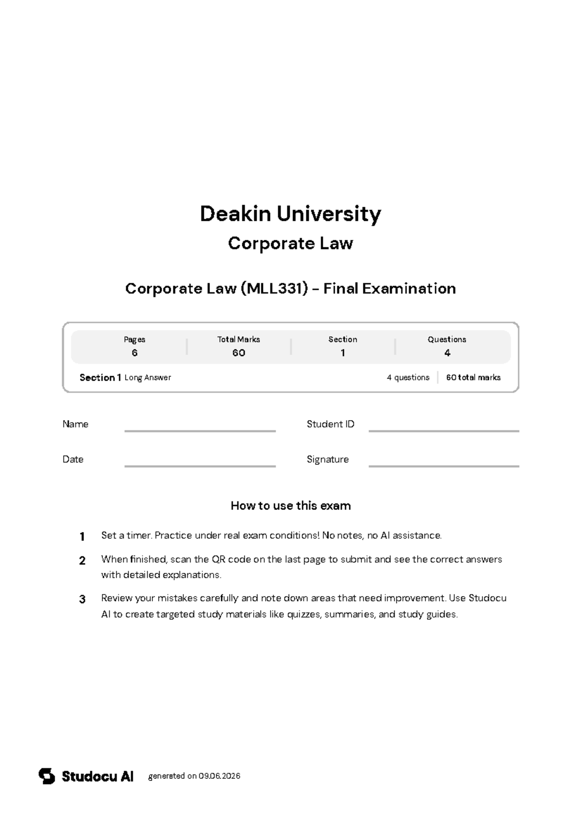 Corporate Law (MLL331) - Final Examination - Studocu