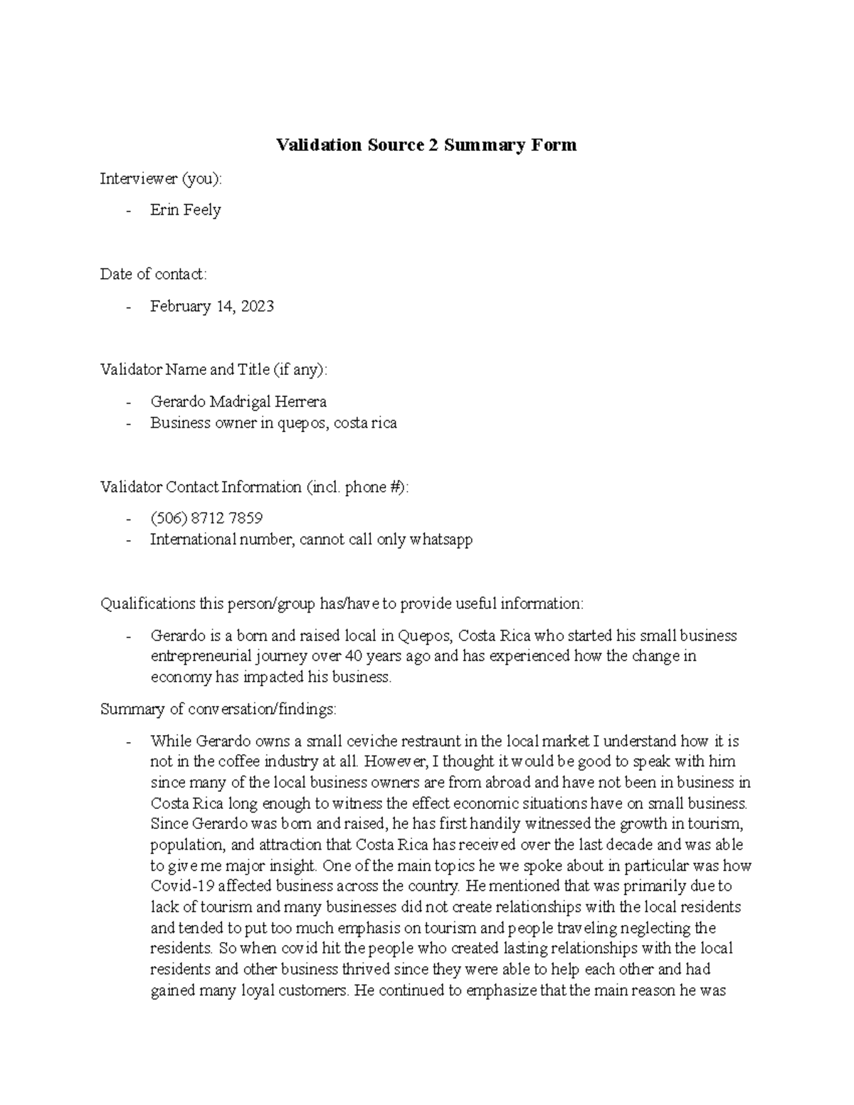 Validation Assignment - Validation Source 2 Summary Form Interviewer ...
