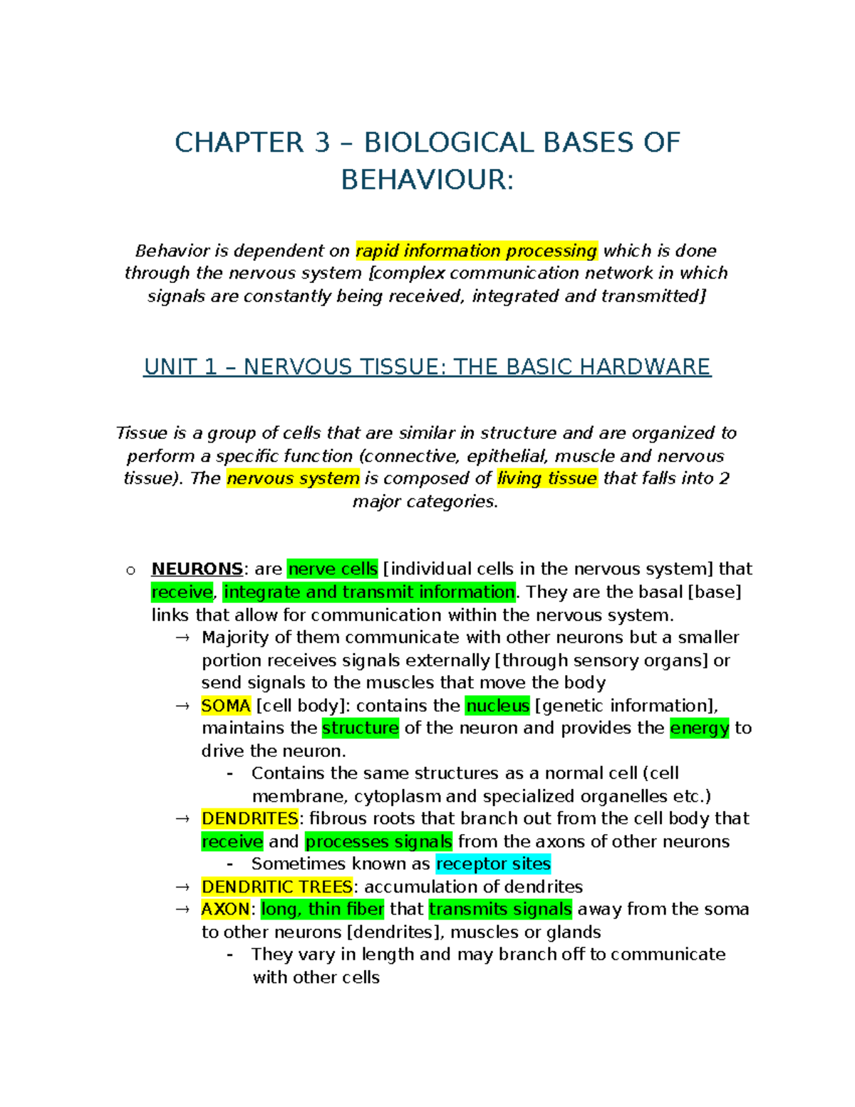 SLK - Chapter 3: Biological Bases of Behaviour and Nervous Tissue - Studocu