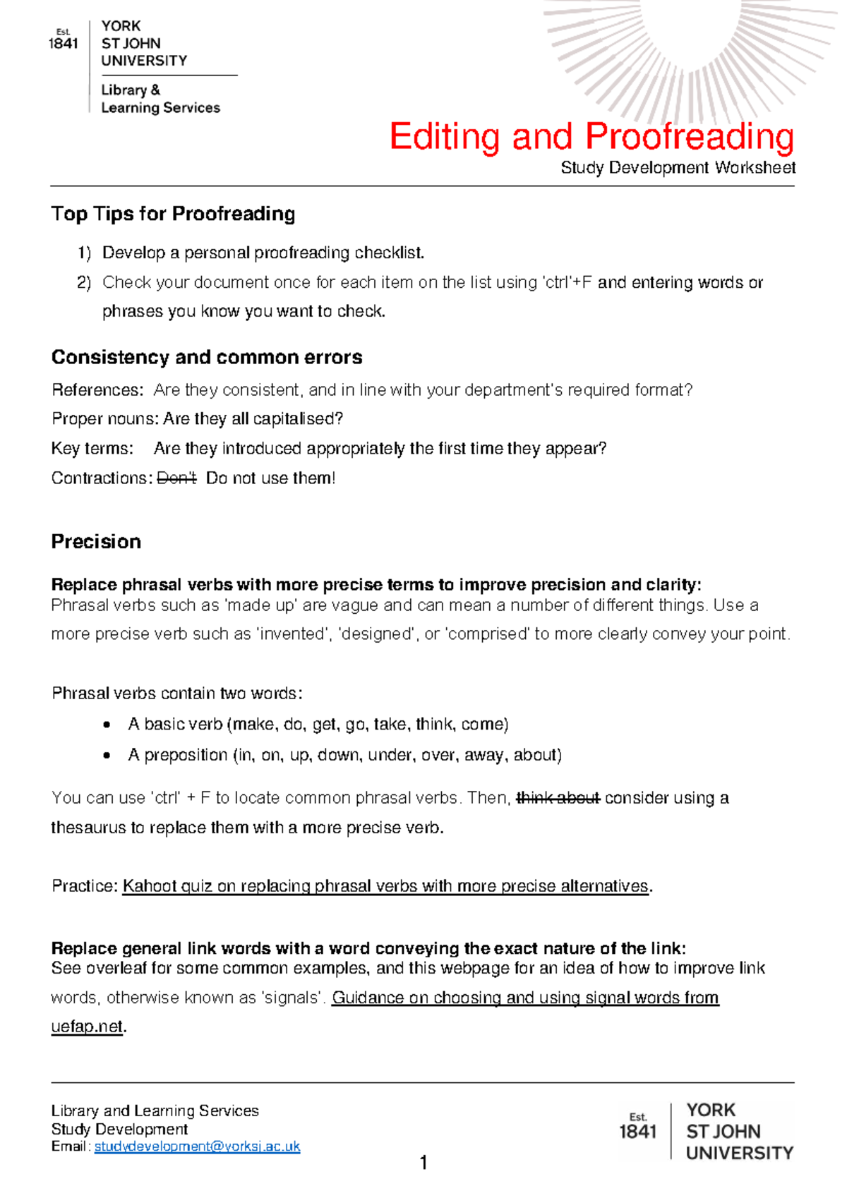 Editing and Proofreading Worksheet - Library and Learning Services ...
