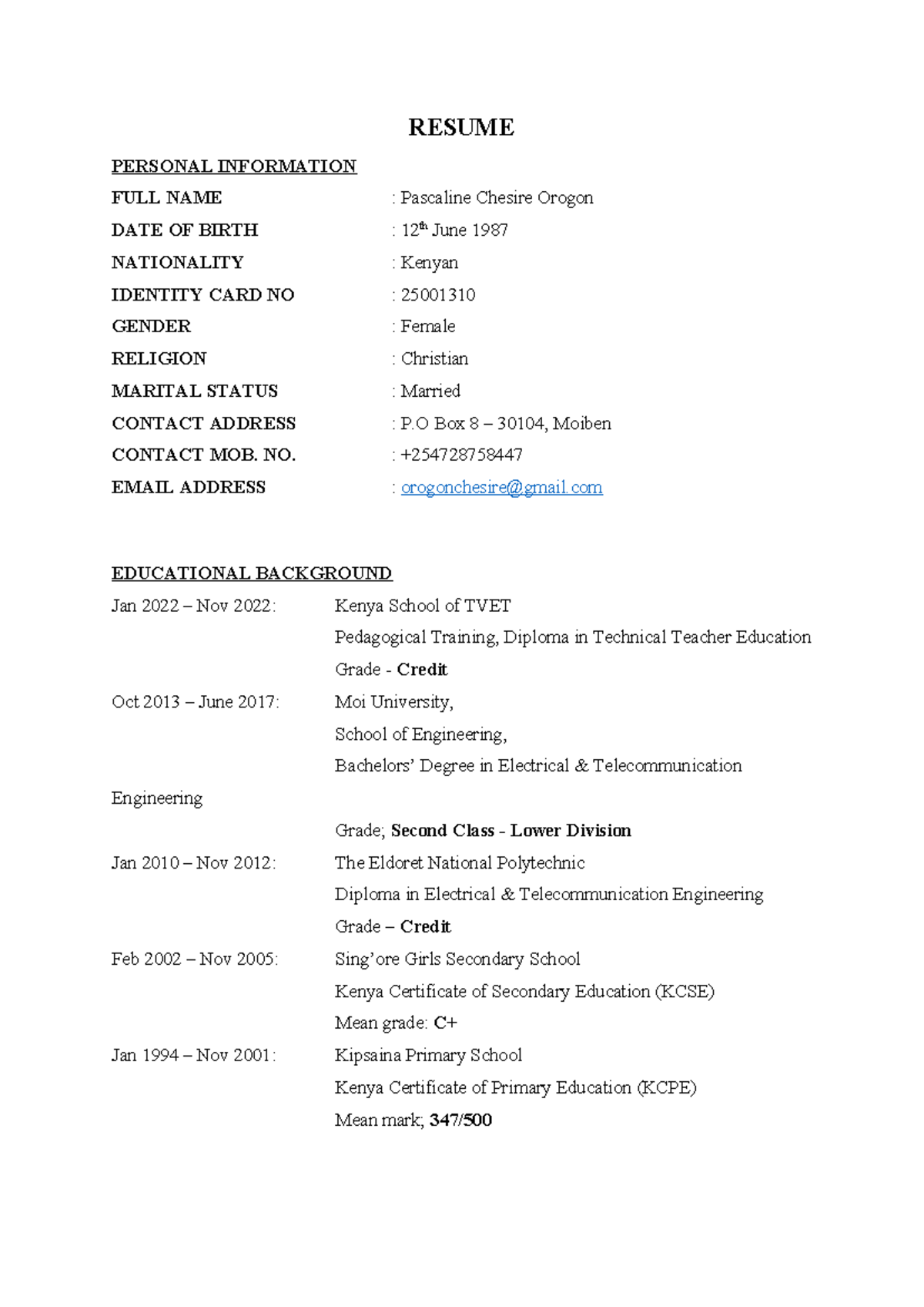 Curriculum Vitae of Pascaline Chesire Orogon - March 2024 Edition - Studocu